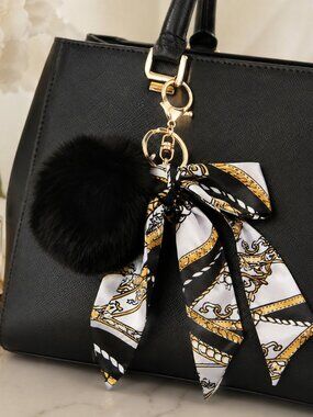 Bags | Black Gold Purse Charm Pom Pom Bag Charm Scarf Bow Keychain ...